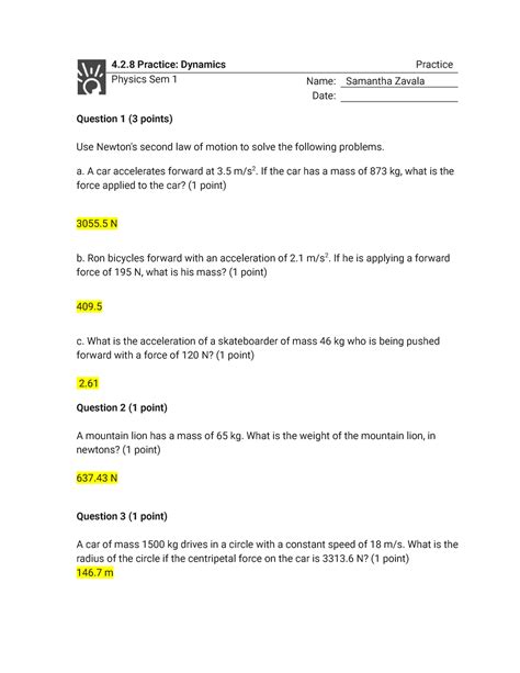 4 2 8 Practice Dynamics 4 2 Practice Dynamics Practice Physics Sem 1