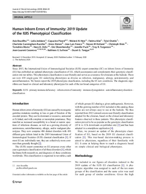 Pdf Human Inborn Errors Of Immunity 2019 Update Of The Iuis Phenotypical Classification