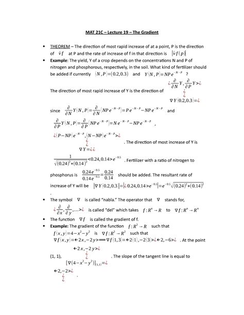 Mat 21c Lecture 19 The Gradient Mat 21c Lecture 19 The Gradient