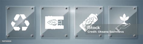 환경 보호의 손에 식물을 설정하고 해양 플라스틱 오염을 중지하고 해양 플라스틱 오염을 중지하고 기호를 재활용하십시오 정사각형 유리 패널 벡터 개념에 대한 스톡 벡터 아트 및