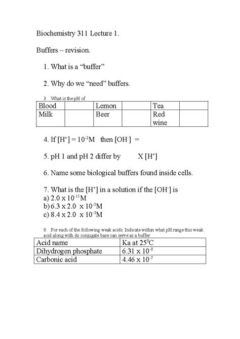 Buffers Questions Biochemistry 311 Lecture 1 Buffers Revision 1
