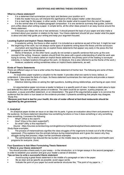 Identifying AND Writing Thesis Statements IDENTIFYING AND WRITING THESIS STATEMENTS What Is A