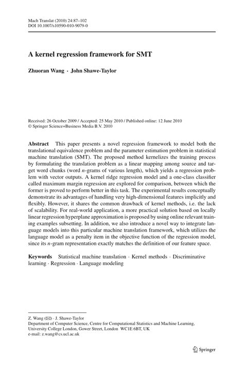 Pdf A Kernel Regression Framework For Smt