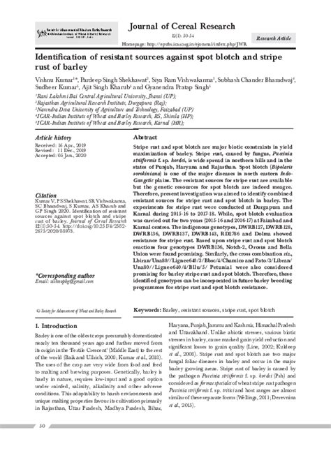Pdf Identification Of Effective Sources For Spot Blotch And Stripe Rust In Barley Pradeep