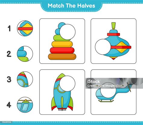 반쪽을 일치시다 피라미드 장난감 휘를리기 장난감 로켓 헬리콥터의 절반을 일치합니다 교육 어린이 게임 인쇄 워크 시트 벡터 일러스트레이션 0명에 대한 스톡 벡터 아트 및 기타