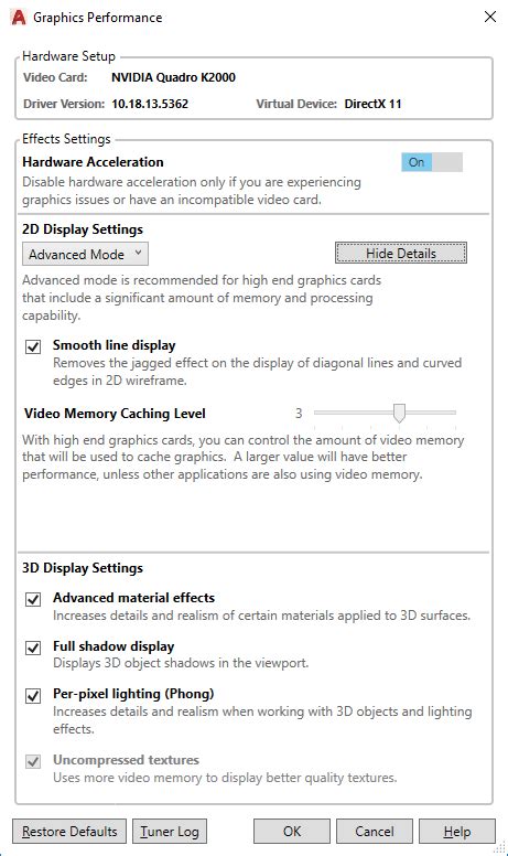 graphics performance dialog box autocad 2022 autodesk knowledge network
