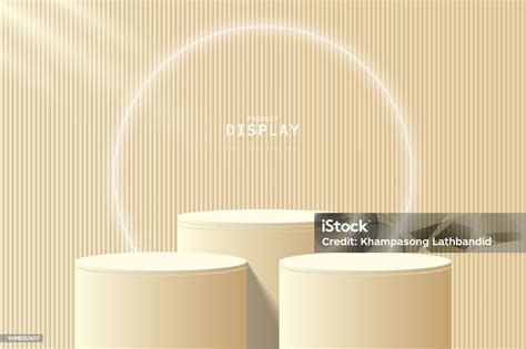 갈색 3d 실린더 연단 받침대 또는 제품 디스플레이는 빛나는 네온 불빛 링과 수직 배경으로 사실적입니다 모형 또는 제품