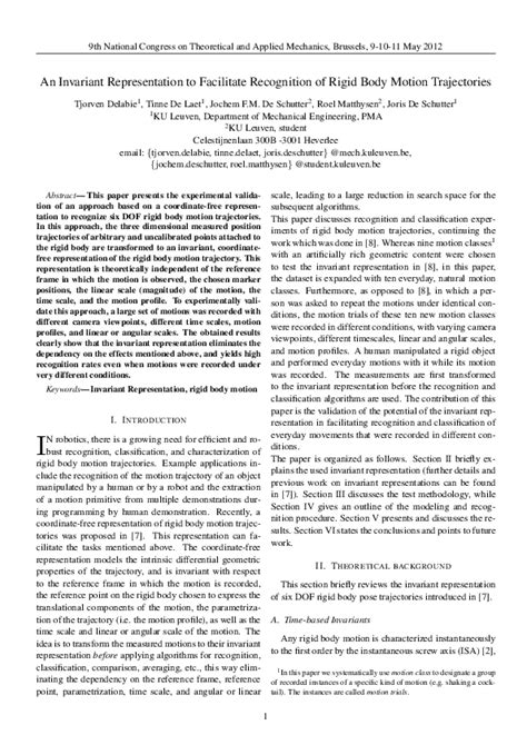 Pdf An Invariant Representation To Facilitate Recognition Of Rigid Body Motion Trajectories