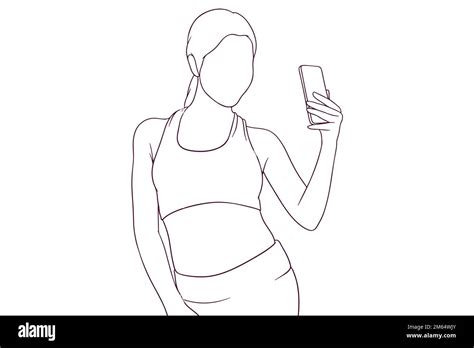 Beautiful Girl In Fitness Suit Take A Selfie Hand Drawn Style Vector