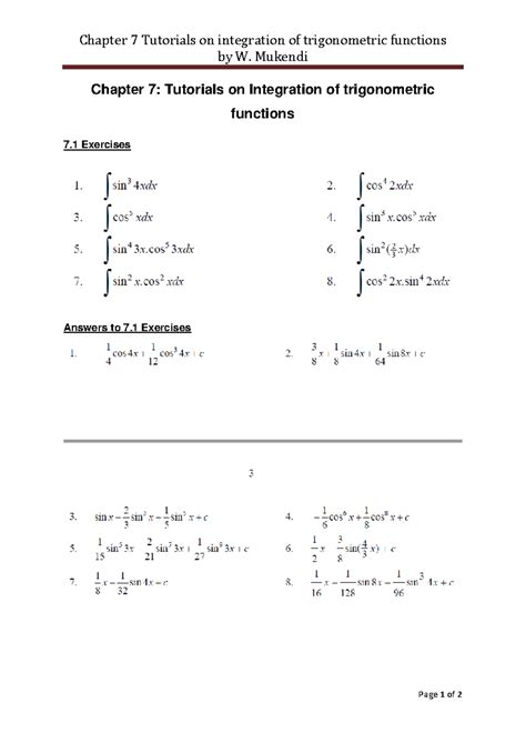 Chapter 7 Tutorials On Integration Of Trigonometric Functions Chapter