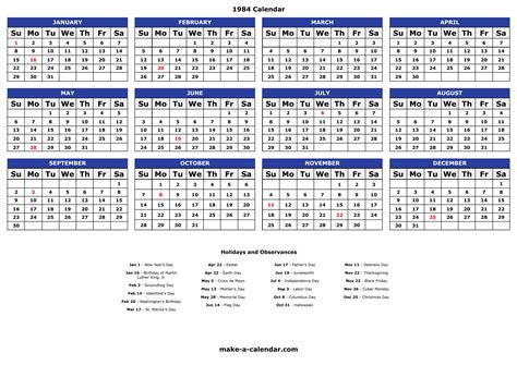 1984 Yearly Calendar — Print Pdf With Holidays And Week Numbers