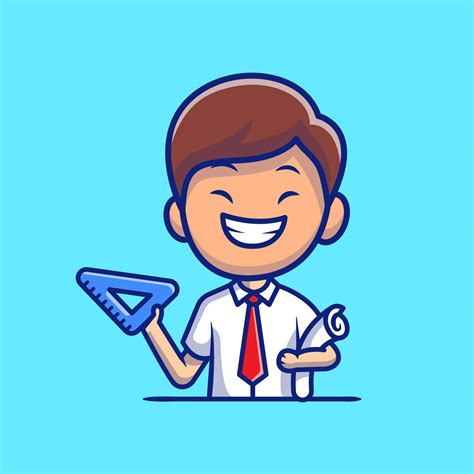 Manlig Arkitekt Med Triangel Linjal Och Papper Rulla Tecknad Serie