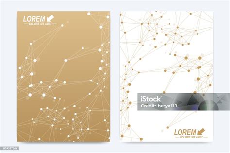 벡터 템플릿 안내 책자 전단지 전단지 광고 표지 카탈로그 포스터 잡지 또는 연례 보고서 기하학적 배경의 분자 골든 자동 제어 점 통신 합니다 라인 총입니다 카드 표면 금