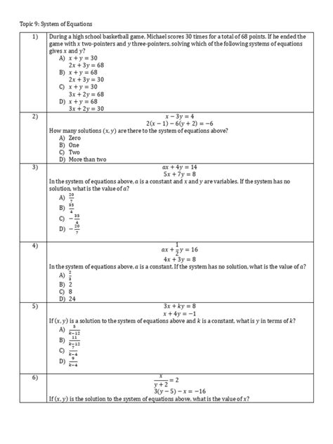 Topic 9 System Of Equations College Panda Practice Paper Questions Pdf Equations