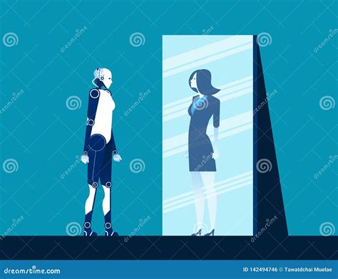 Robot Standing And Looking Body In Mirror Of Women Reflection Concept Business Vector