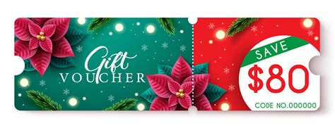 크리스마스 선물 바우처 벡터 디자인 크리스마스 선물 바우처 쿠폰 저장 80 텍스트 및 Poinsettia 요소 휴가 시즌 프로모션 할인 12월에 대한 스톡 벡터 아트 및