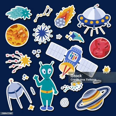 귀여운 만화 스티커 세트 우주 천문학 플래너 공책 친근한 외계인 비행 접시 위성 행성 화성 북두칠성을 가진 어린이 스티커 목록을 인쇄 할 준비가되었습니다 일기 클립 아트 0