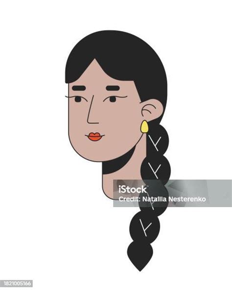 긴 땋은 2d 선형 만화 캐릭터 머리를 가진 남아시아 여자 젊은 성인 여성 와 꼰 머리 고립 된 선 벡터 사람 얼굴 흰색 배경