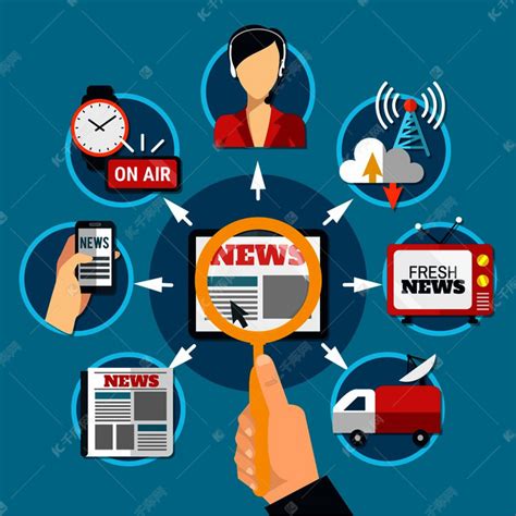 媒体圆形图标设置在纸质和电子表格平面矢量插图中的新鲜新闻主题上。素材图片免费下载 千库网