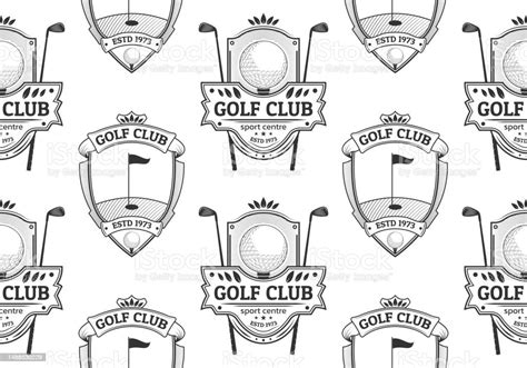 교차된 골프 클럽과 티에 공이 있는 매끄러운 패턴 또는 배경 월계관과 리본이 있는 빈티지 방패 엠블럼 스포츠 토너먼트 또는 챔피언십 프린트 디자인 벡터 그림입니다