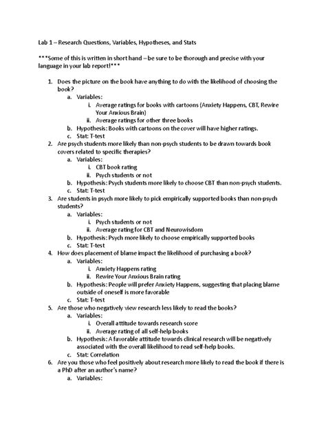 Lab Hypothesis Examples Lab 1 Research QuesƟons Variables Hypotheses And Stats Some Of