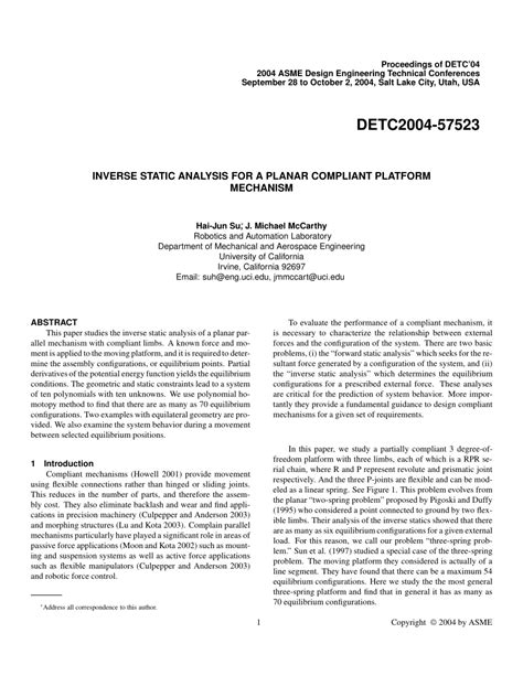PDF Inverse Static Analysis For A Planar Compliant Platform Mechanism