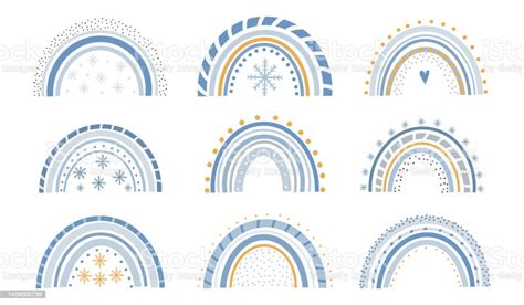 하얀 배경에 눈송이가있는 귀여운 겨울 마법의 무지개 추상적 인 스칸디나비아 다채로운 아치의 달콤한 어린애 같은 그림 낙서 스타일의 어린이 플랫 벡터 일러스트 레이 션 0명에