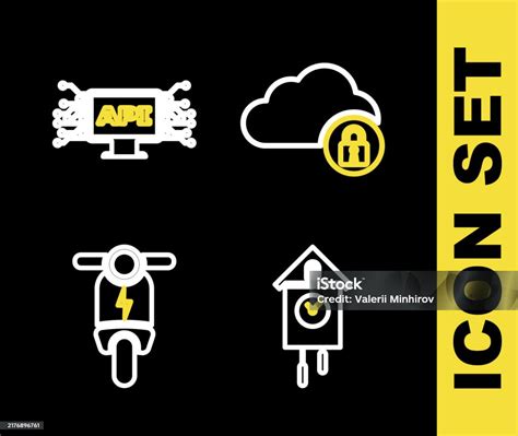 라인 클라우드 컴퓨팅 잠금 레트로 벽 시계 전기 스쿠터 및 컴퓨터 Api 인터페이스 아이콘을 설정합니다 벡터 0명에 대한 스톡 벡터 아트 및 기타 이미지 Istock