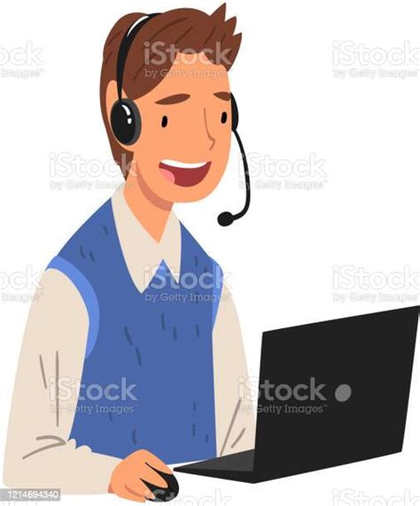 웃는 남성 콜 센터 운영자 헤드셋 컨설팅 클라이언트와 온라인 고객 지원 서비스 도우미 헬프 데스크 기술 지원 벡터 일러스트 경영자에 대한 스톡 벡터 아트 및 기타 이미지