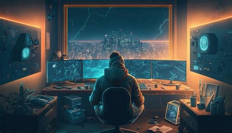 Premium Photo A Hacker Sitting In Front Of A Computer Monitor With A