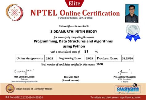 Nitin Reddy Siddamurthi On Linkedin Nptel Certification