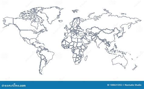 world map with country borders thin blue outline on white background stock vector