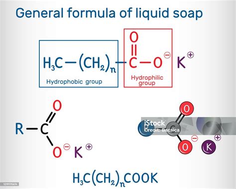 액체 비누 분자의 일반적인 공식 칼륨 카르복실레이트 Rcook 지방산의 칼륨 염입니다 구조적 화학 식 및 분자 모델 0명에 대한 스톡 벡터 아트 및 기타 이미지 Istock