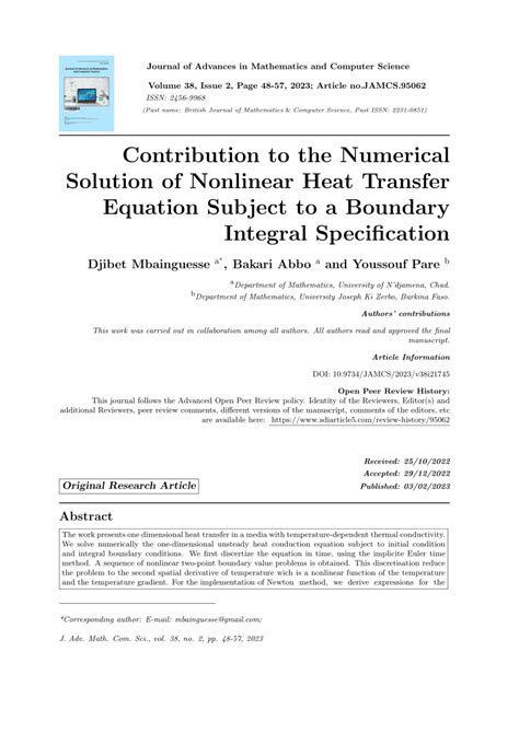 Pdf Contribution To The Numerical Solution Of Nonlinear Heat Transfer Equation Subject To A
