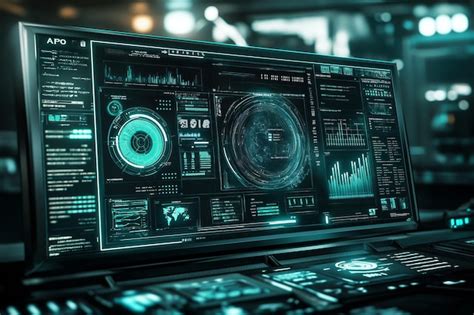 Futuristic Computer Screen Displays Data And Graphics Premium Ai