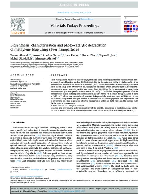 Pdf Biosynthesis Characterization And Photo Catalytic Degradation Of