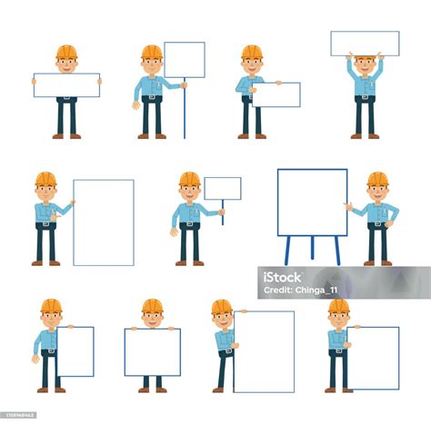 다른 빈 배너와 함께 포즈를 취하는 건설 남자 캐릭터의 큰 세트 화이트 보드를 가리키는 종이 포스터 플래카드를 들고 있는 쾌활한 노동자 교육 광고 홍보 건설 산업에 대한