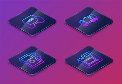 세트 아이소 메트릭 라인 자동차의 스페어 휠 휘발유 또는 주유소 탱커 트럭 및 모터 오일 용 캐니스터 파란색 사각형 버튼입니다 벡터 3차원 형태에 대한 스톡 벡터 아트 및