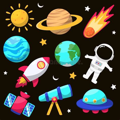 Set Of Astronomy And Space Vector Elements With Cute And Colorful Design Isolated On Black
