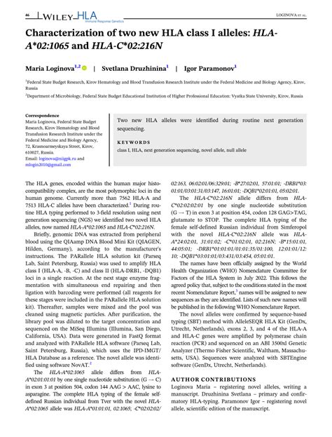 Characterization Of Two New Hla Class I Alleles Hla‐a021065 And Hla‐c02216n Request Pdf