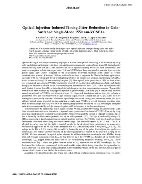 Pdf Optical Injection Induced Timing Jitter Reduction In Gain Switched Single Mode 1550 Nm Vcsels