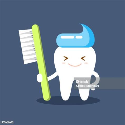 칫 솔과 치약 헤어스타일으로 귀여운 행복 미소 치아 분명이 개념 칫 솔 질 치아입니다 치과 아이 케어 치과의 주제에 평면 그림입니다 격리 된 벡터입니다 이빨에 대한 스톡