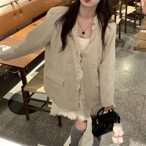 브이넥 레이스 스티치 루즈핏 자켓 Ag119103