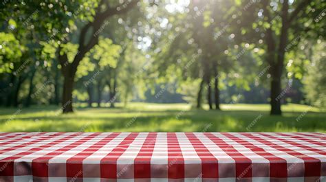 Red And White Checkered Tablecloth On Blurred Background Of Green Park