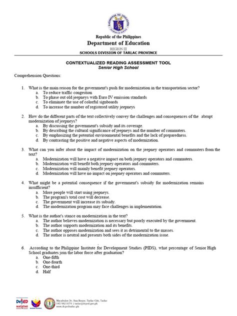 Shs Contextualized Reading Assessment Tool 1 Download Free Pdf Biometrics Physical Fitness