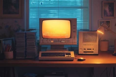 Classic 90s Tech Setup Featuring Crt Monitor Beige Pc And Floppy Disks Stock Illustration