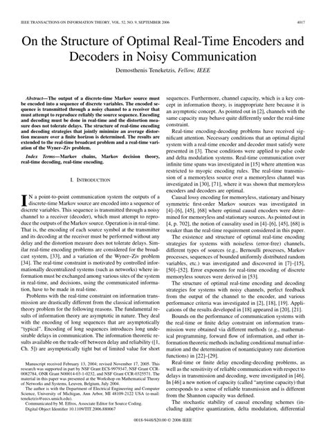 Pdf On The Structure Of Optimal Real Time Encoders And Decoders In