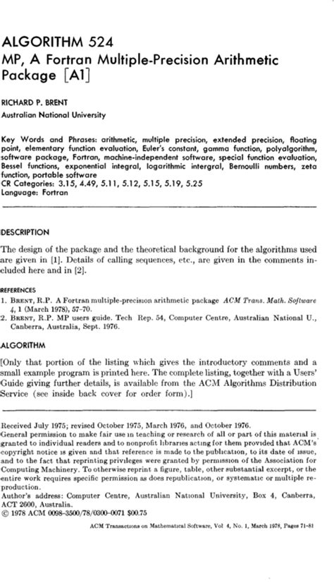 algorithm 524 mp a fortran multiple precision arithmetic package [a1] acm transactions on