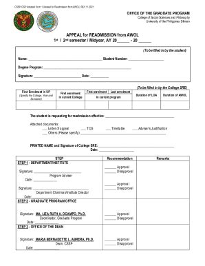 Fillable Online Kssp Upd Edu CSSP OGP Adapted Form 1 Appeal For Readmission From AWOL REV 11