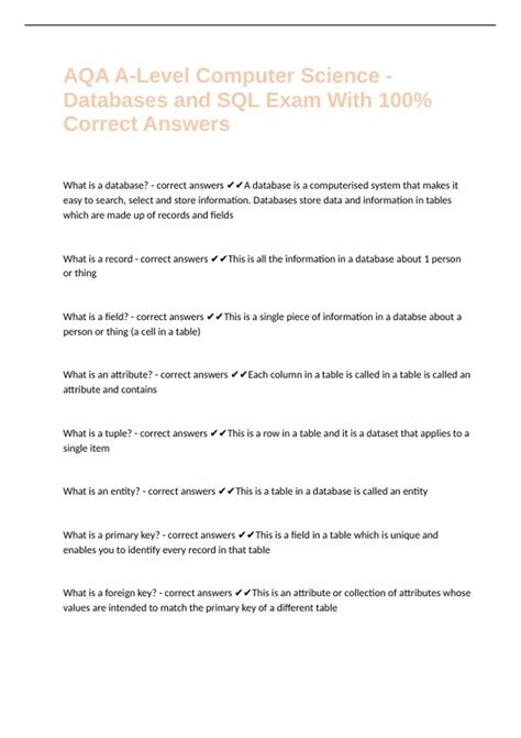 Aqa A Level Computer Science Databases And Sql Exam With 100 Correct Answers Aqa A Level